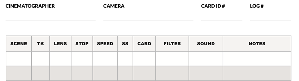 Free Camera Log for Film and Video Productions